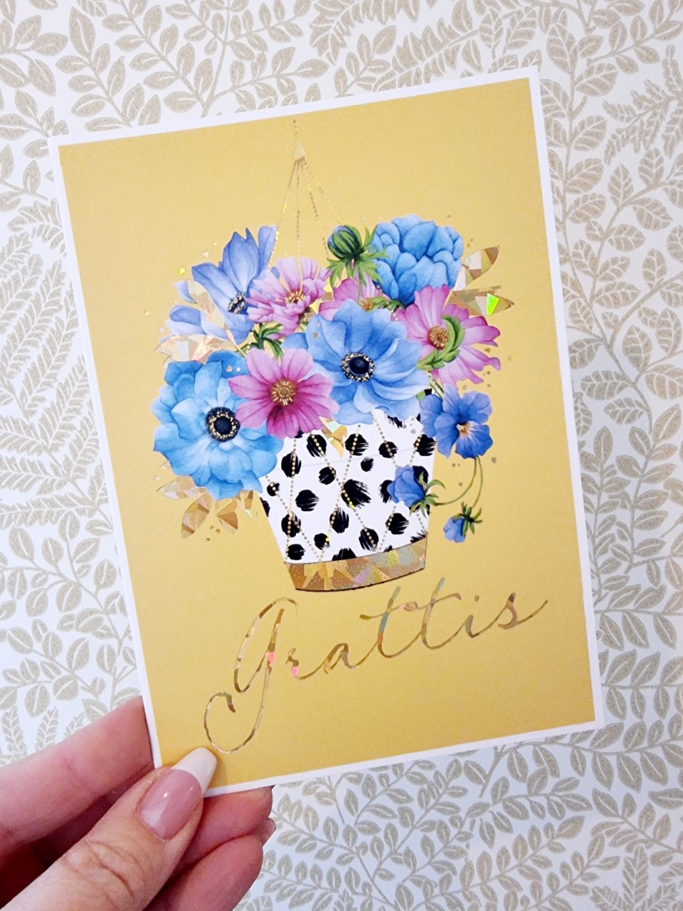 Grattis, dubbelt kort med ampel och blommor, Pictura