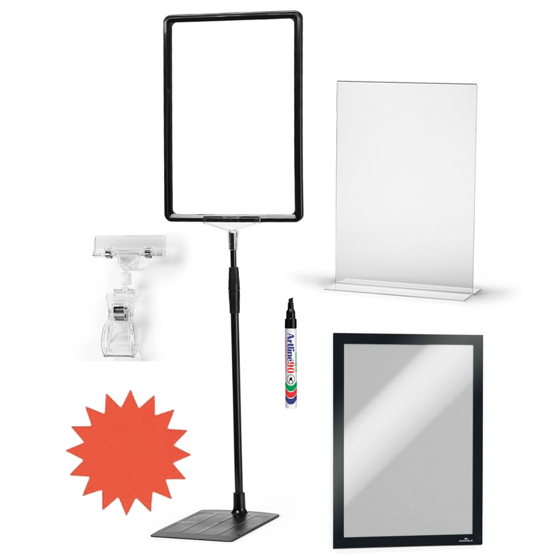 Informationsställ och Skyltramar med tillbehör. Skyltpapper och Pennor.