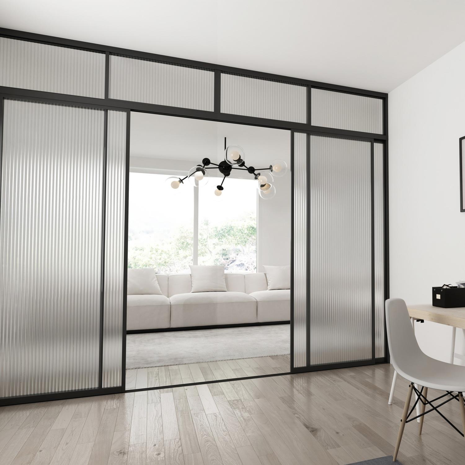 Sliding door with 2 doors + 2 walls overhang lined