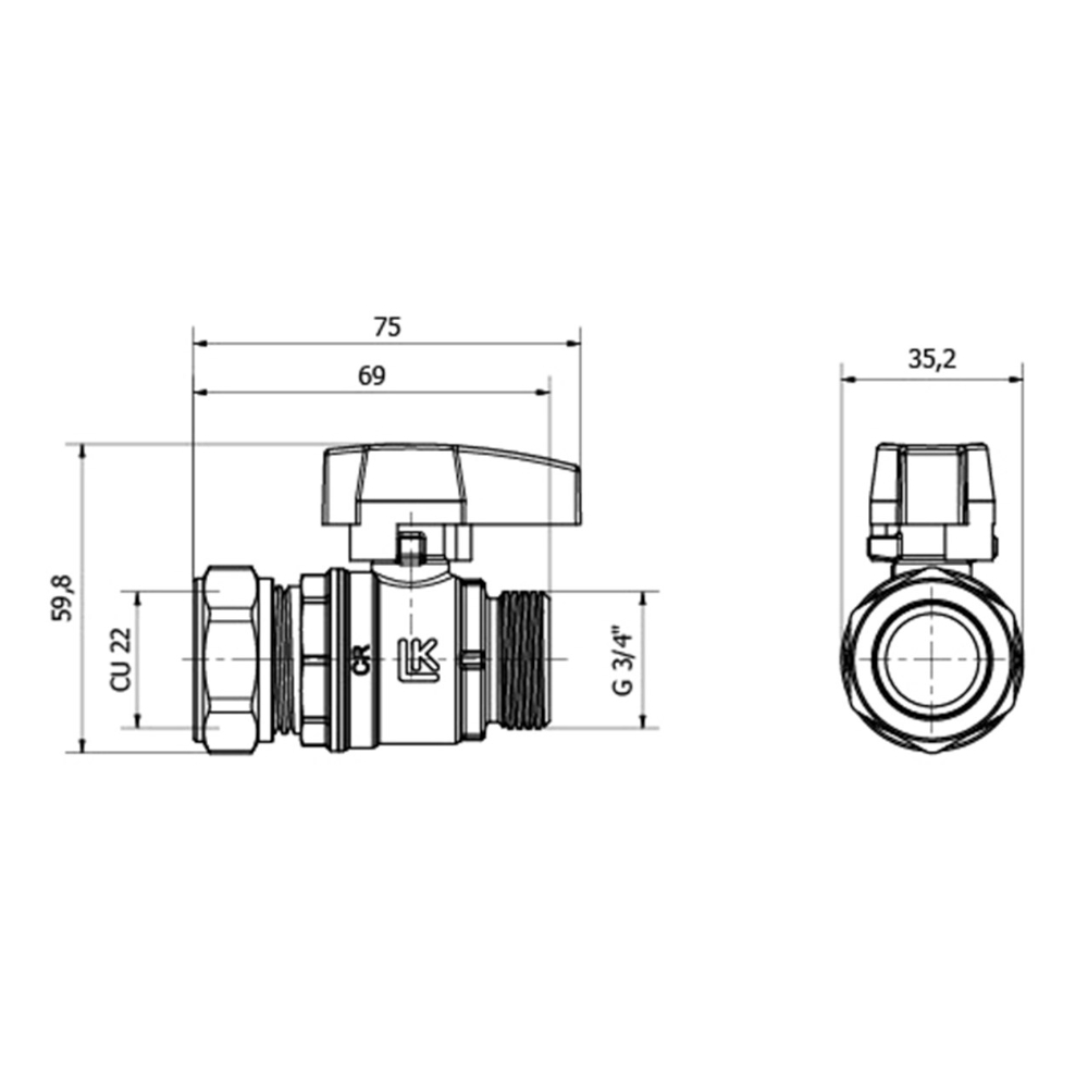 LK Ball Valve 802 Straight Cu22xG20 External Blue Knob